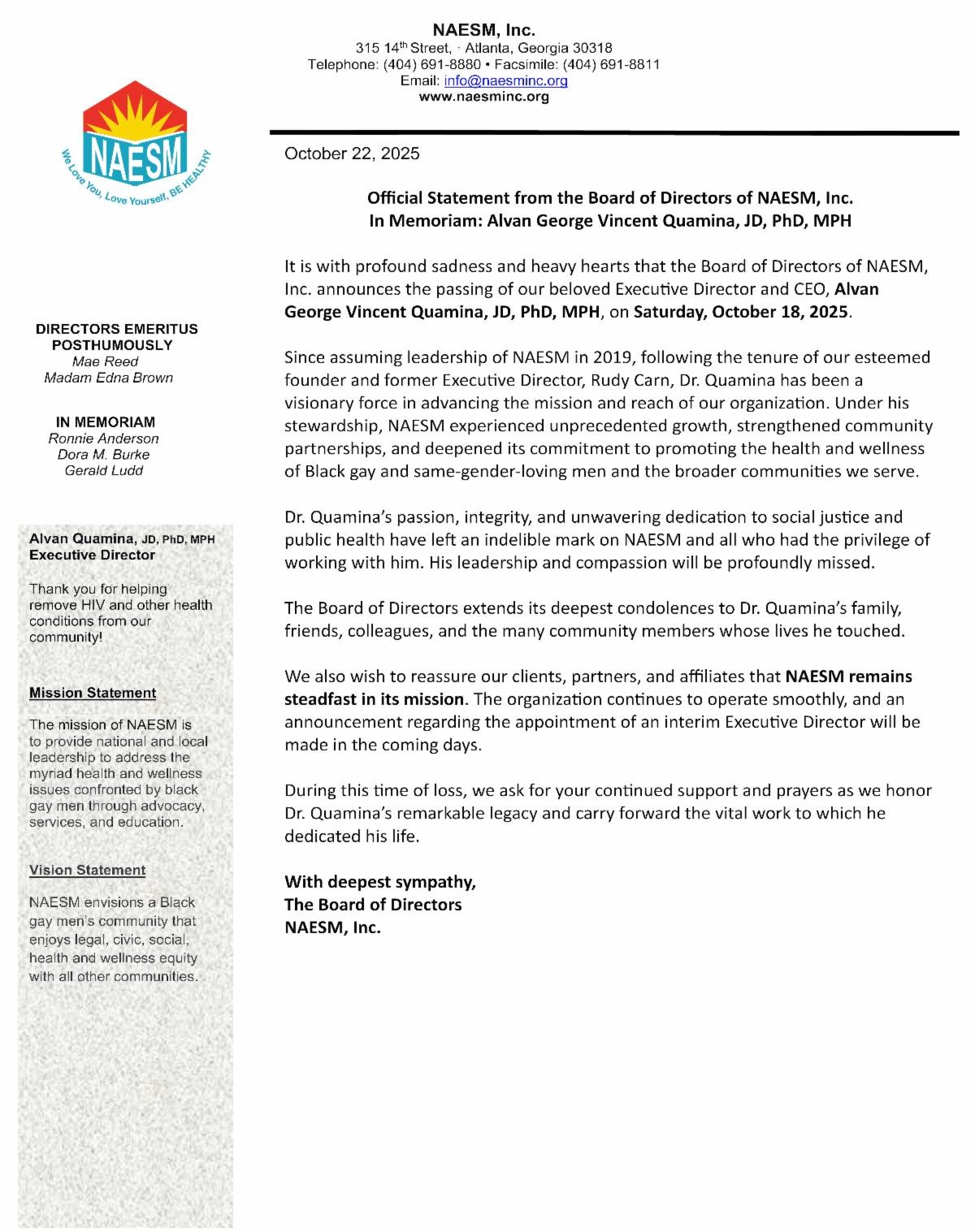 CEO of Black Gay Nonprofit NAESM, Inc. Dr. Alvan George Vincent Quamina ...